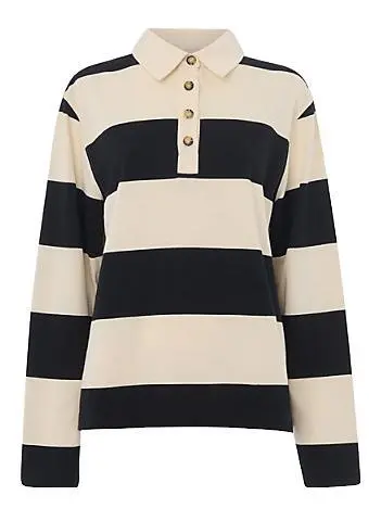 Whistles Striped Long-sleeve Cotton Polo - Cream