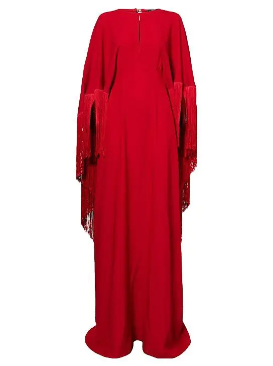 TALLER MARMO Fringed Cape Woven Maxi Dress - Ruby