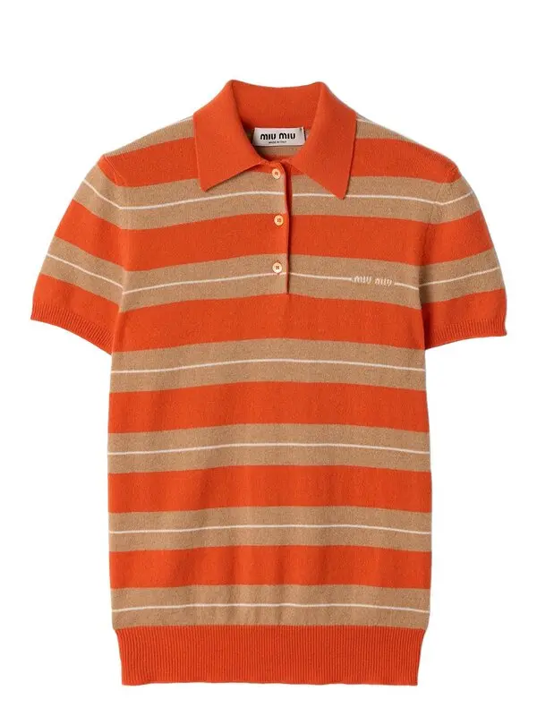 Miu Miu Cashmere Striped Polo Shirt - Orange