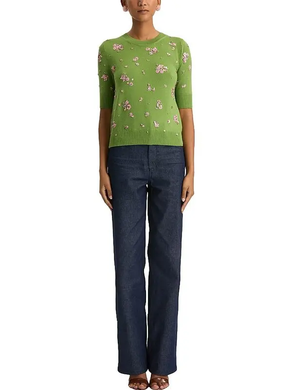 Oscar De La Renta Wool Floral Cluster Elbow Sleeve Sweater - Green/pink