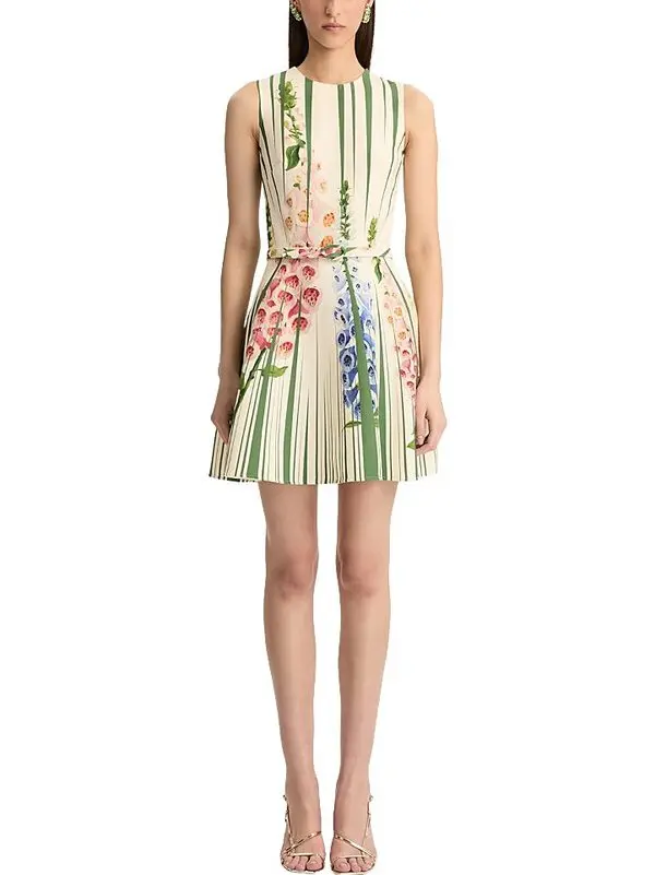 Oscar De La Renta Sleeveless Tromp L'oeil Foxgloves Pleated Dress - Green Multi