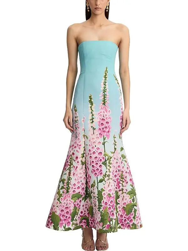Oscar De La Renta Strapless Foxgloves Ombre Faille Gown - Lilac/sky