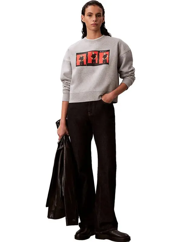 Calvin Klein Kate Moss Fleece Graphic Cropped Sweatshirt - Heroic Grey Heather