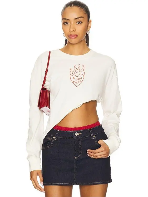 Junk Food A Hot Mess Kickoff Crop Crew Sweatshirt - Vintage White