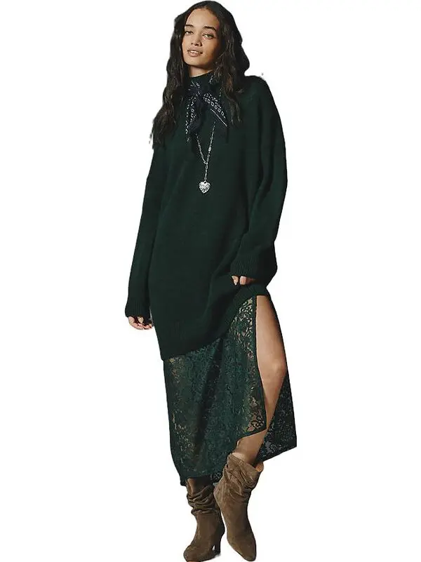 Anthropologie Sweater Lace Twofer Midi Dress - Dark Green