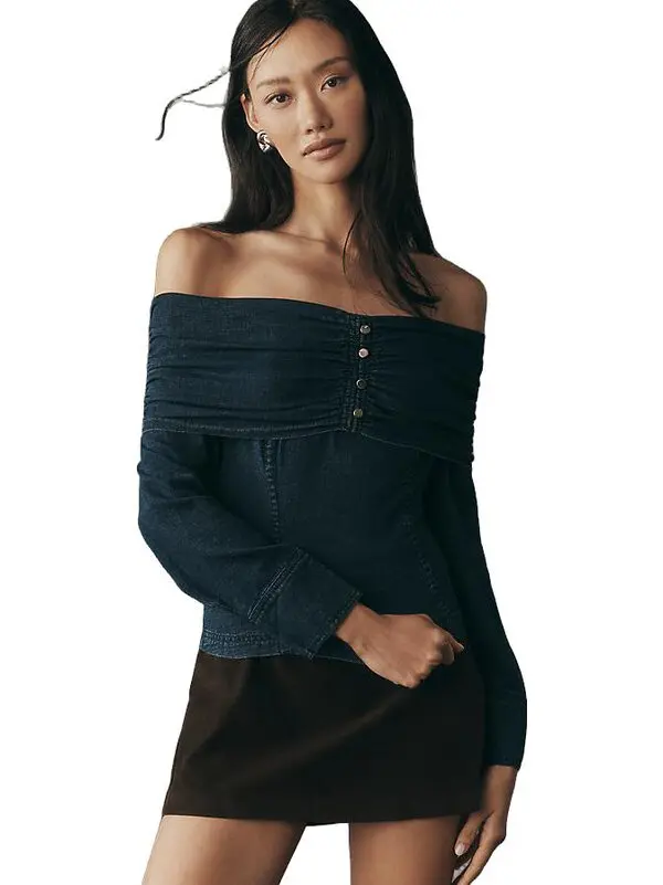 PILCRO Long-sleeve Off-shoulder Denim Top - Dark Denim