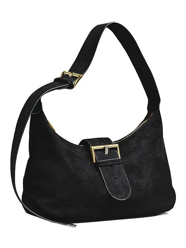 Anthropologie Faux Suede Slouchy Shoulder Bag With Buckle Detail - Black