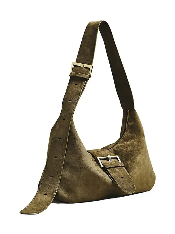 Anthropologie Faux Suede Slouchy Shoulder Bag With Buckle Detail - Dark Green