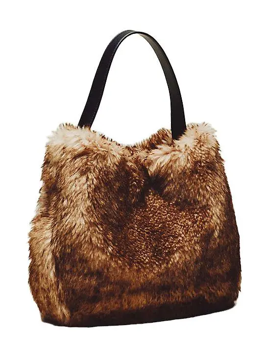 Anthropologie Faux Fur Slouchy Bucket Tote Bag - Chocolate