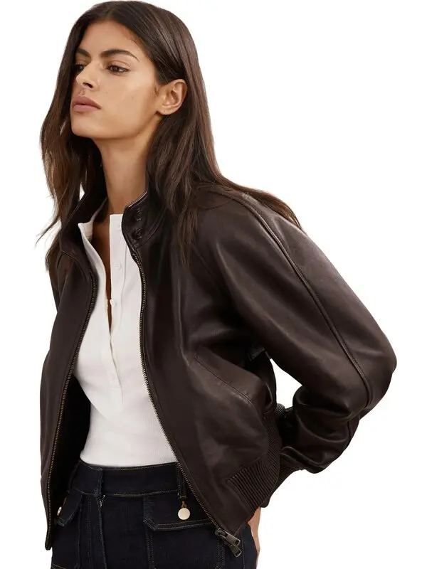 REISS Eloise Leather Bomber Jacket - Chocolate Brown
