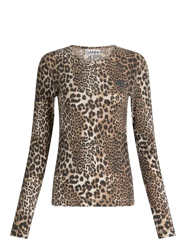GANNI Soft Cotton Rib Long Sleeve Top - Leopard