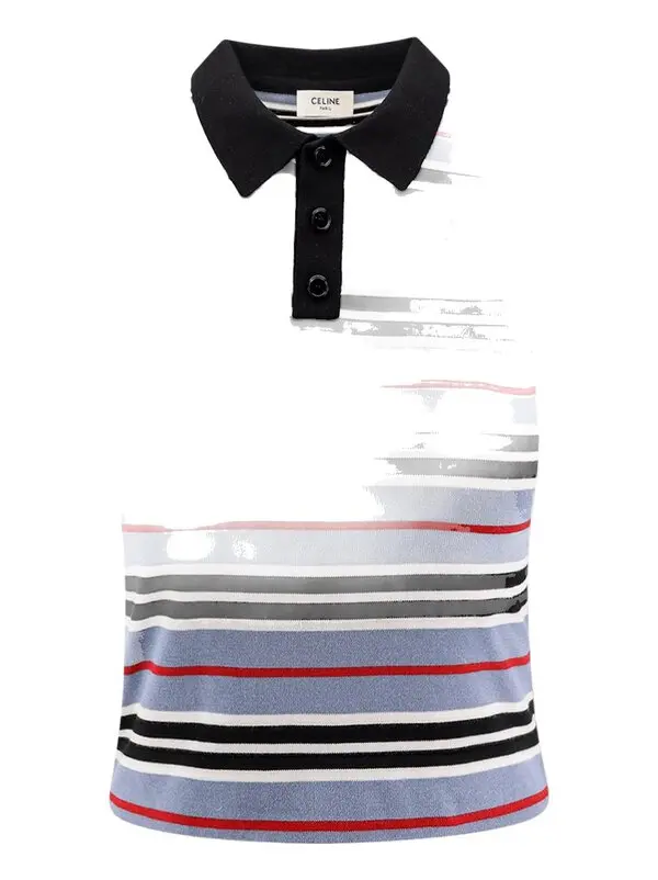 Celine Cotton Knit Striped Polo Shirt - Blue