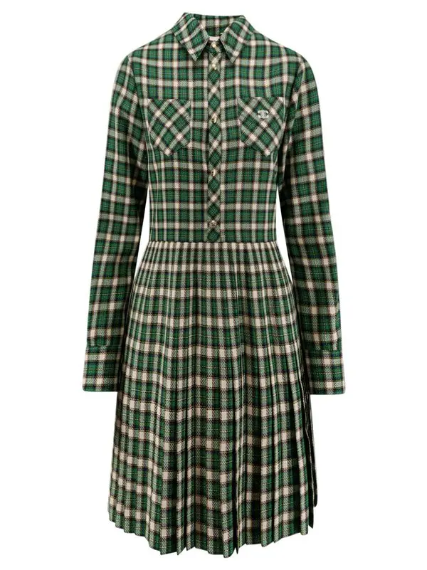 Celine Tartan Wool Mini Dress - Green