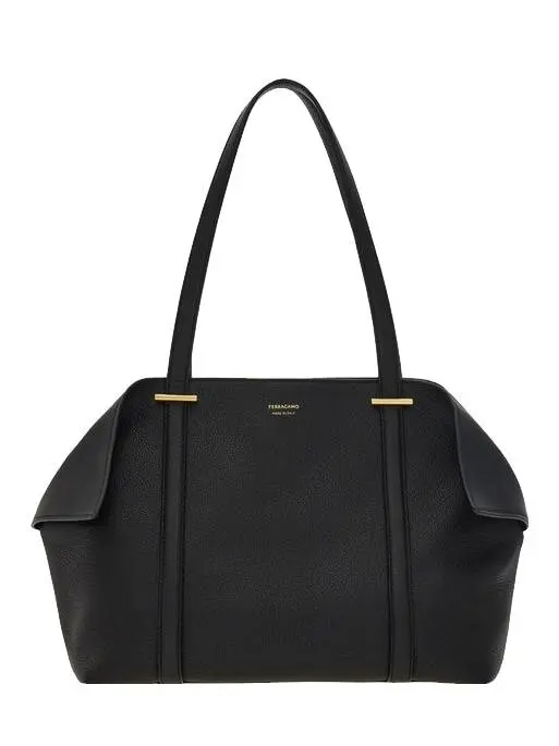 FERRAGAMO Folded Calfskin Leather Tote Bag - Black