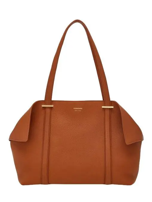 FERRAGAMO Folded Calfskin Leather Tote Bag - Brown