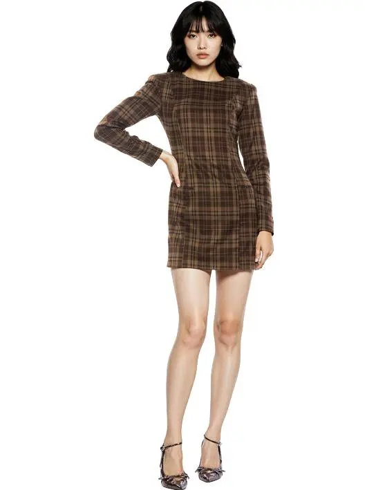 ALEXIA ADMOR Printed Long Sleeve Mini Dress - Brown Plaid
