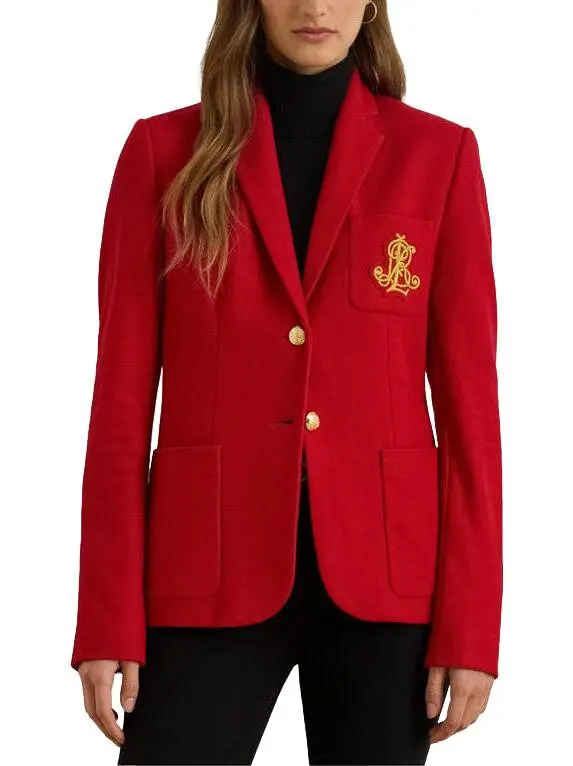 Ralph Lauren Bullion Jacquard Logo Patch Cotton Blend Blazer - Ralph Red