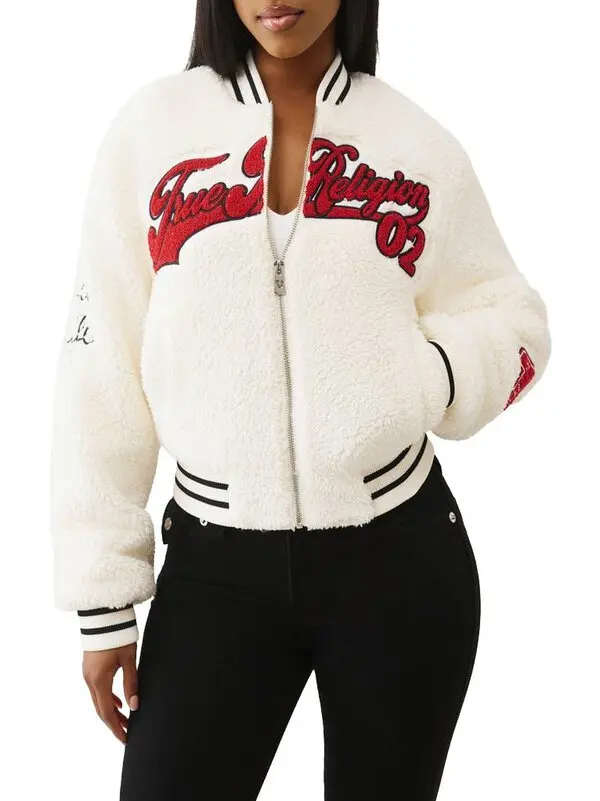 True Religion Varsity Chenille Bomber Jacket - Winter White