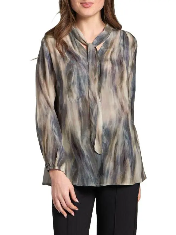 APNY Printed Tie-neck Top - Brown Multi