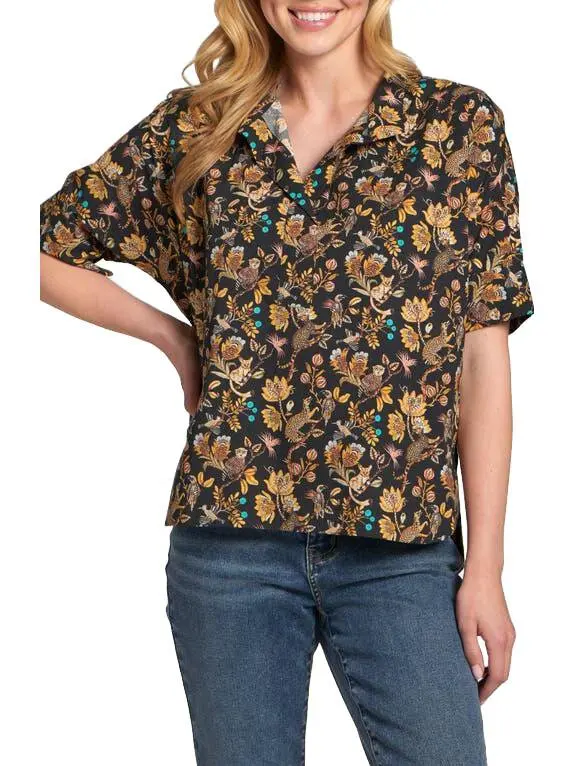 APNY Floral Print Popover Top - Black Multi