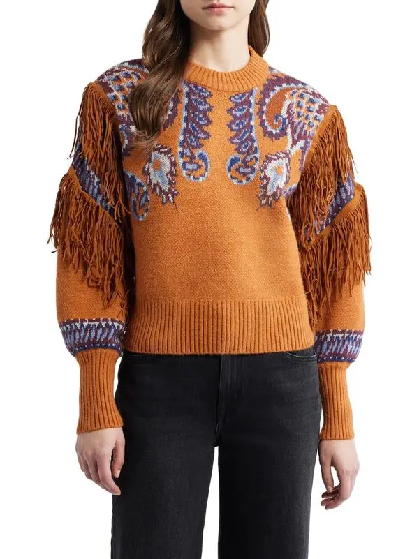 Farm Rio Arabesque Scarf Fringe Knit Sweater - Brown