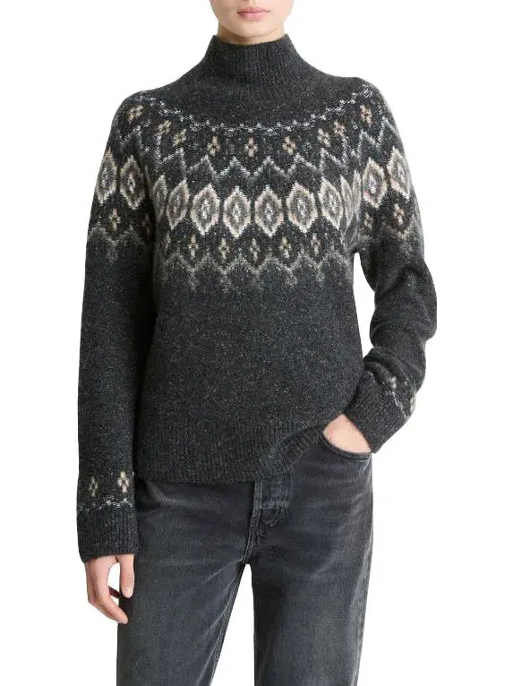 Vince Donegal Fair Isle Cashmere Mock Neck Sweater - Heather Charcoal Combo