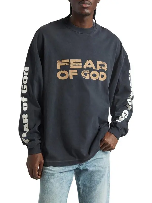 Fear Of God Relaxed Long Sleeve Logo Graphic T-shirt - Black Black