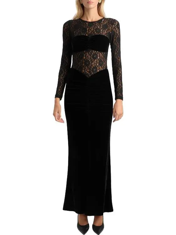 Bardot Helenie Velour & Lace Long Sleeve Dress - Black