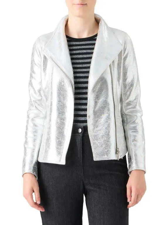 Akris Metallic Faux Leather Moto Jacket - Aluminium