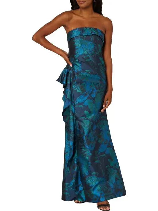 Adrianna Papell Strapless Floral Jacquard Gown - Cobalt Multi