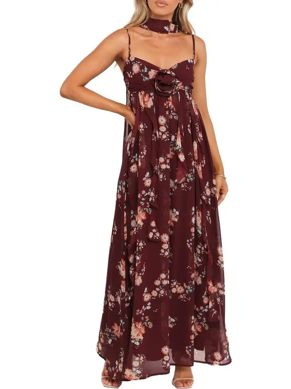 PETAL & PUP Printed Sleeveless Maxi Dress With Scarf - Berry Floral