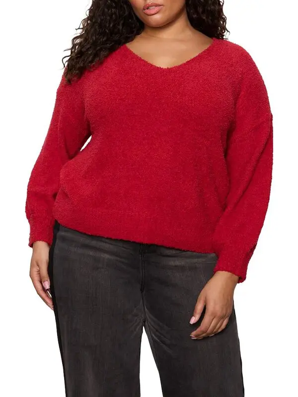Sanctuary Teddy Fleece V-neck Sweater - Cherry Lacquer Red