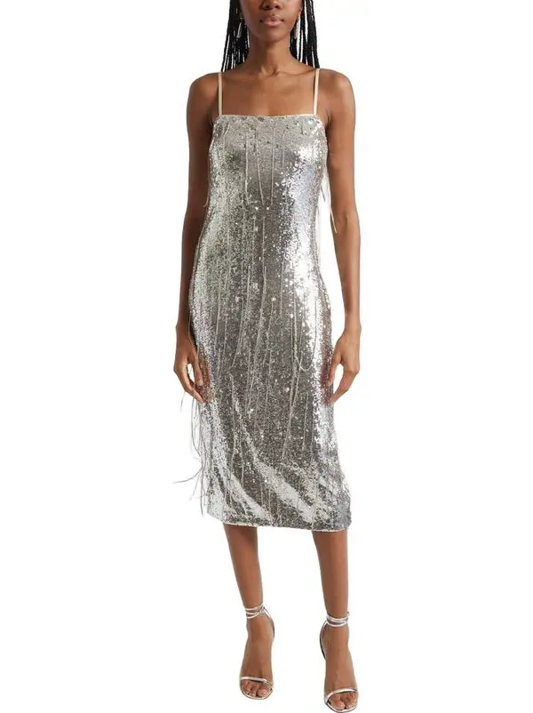 Ramy Brook Lyanna Sequin Fringe Slipdress - Platinum Sequin Fringe