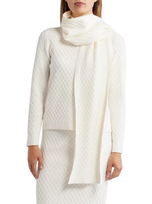 Anne Klein Diamond Stitch Scarf Mock Neck Sweater - White Dove