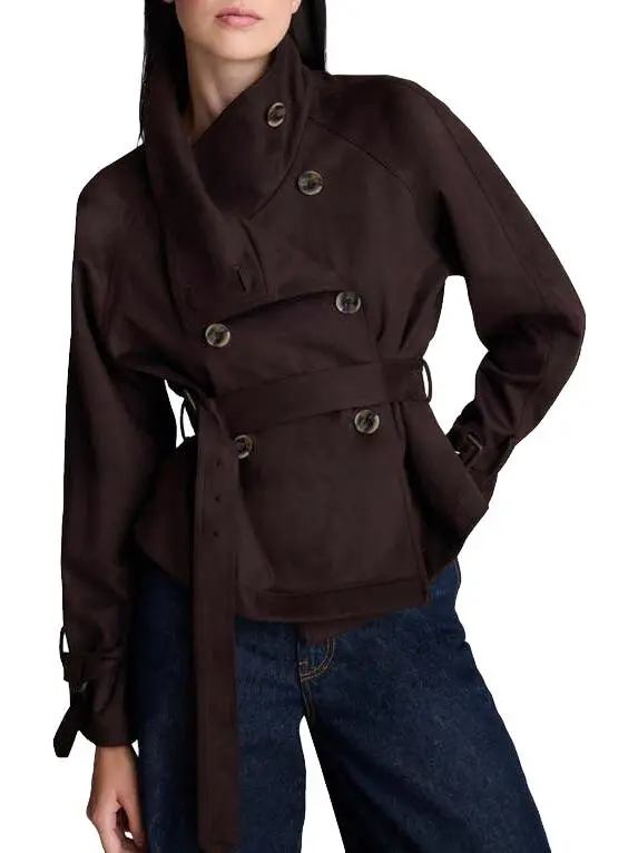 KENNETH COLE Faux Suede Crop Belted Trench Coat - Brown Bear