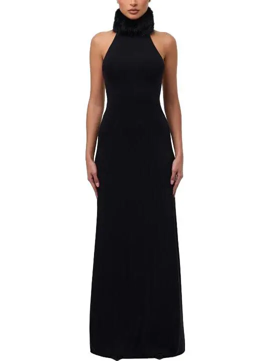 Naked Wardrobe Halter Maxi Dress With Removable Faux Fur Collar - Black