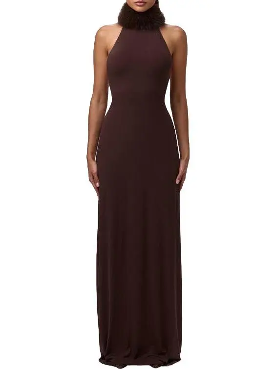 Naked Wardrobe Halter Maxi Dress With Removable Faux Fur Collar - Dark Chocolate