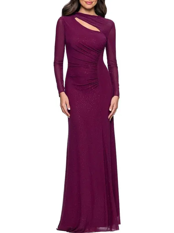 Betsy & Adam Studded Cutout Long Sleeve Gown - Plum
