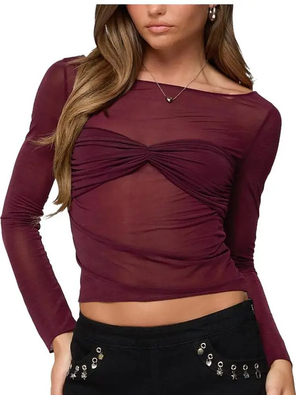 EDIKTED Sheer Gathered Long Sleeve Top - Burgundy