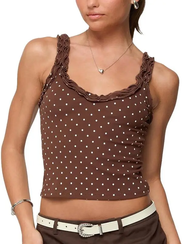 EDIKTED Pippin Ruffle Polka Dot Tank Top - Brown