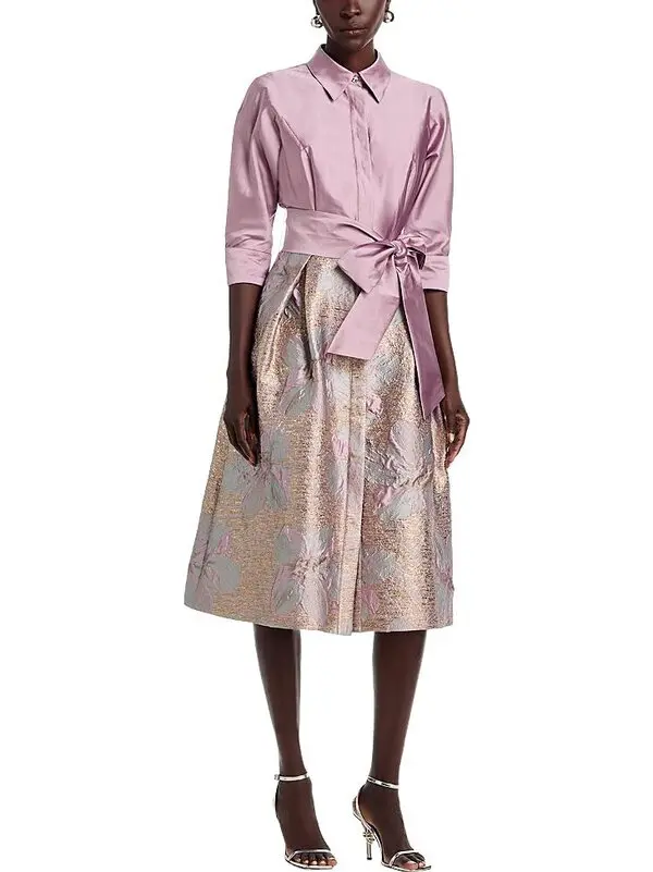 Rickie Freeman For Teri Jon Taffeta Jacquard Shirtdress - Mauve Multi