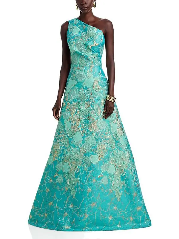 Rickie Freeman For Teri Jon One Shoulder Metallic Jacquard Gown - Turqouise Multi