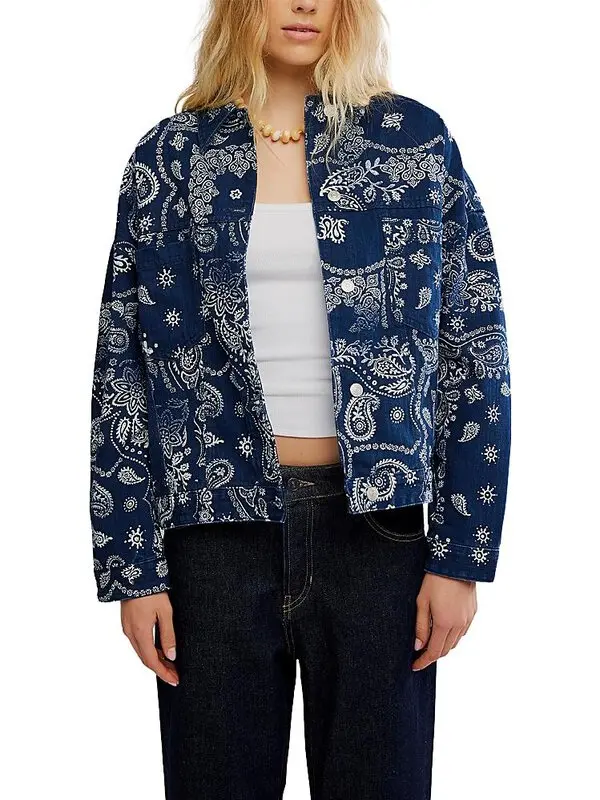 Free People Printed Denim Jacket - Navy Combo