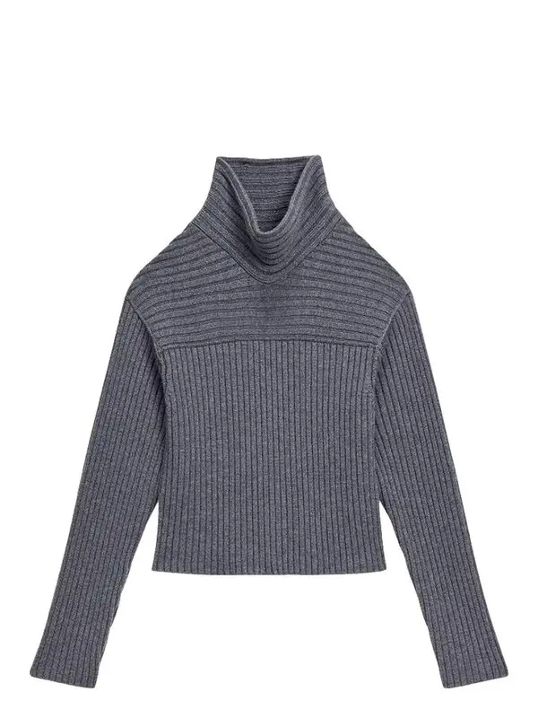 Theory Wool Ribbed Mock Neck Sweater - Dark Grey Melange