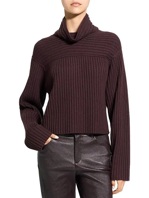 Theory Wool Ribbed Mock Neck Sweater - Deep Plum