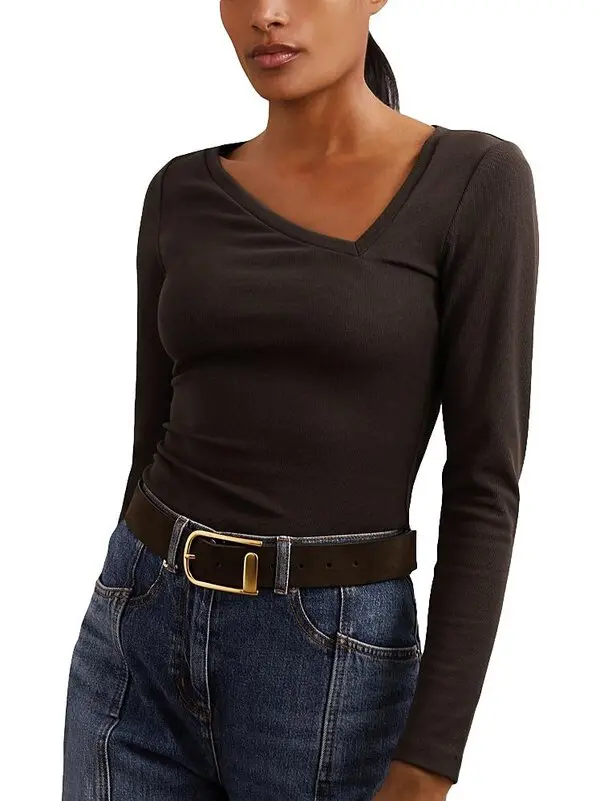 REISS Felicity Asymmetric Neck Long Sleeve Top - Chocolate