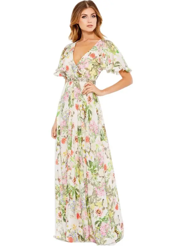 Mac Duggal Floral Print Faux Wrap A-line Dress - Floral Multi