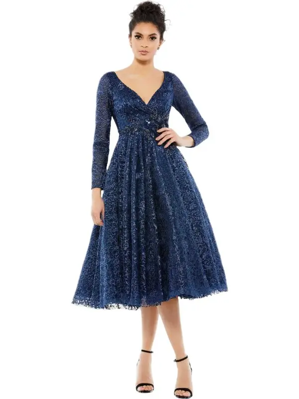 Mac Duggal Long Sleeve Tea Length Dress - Navy