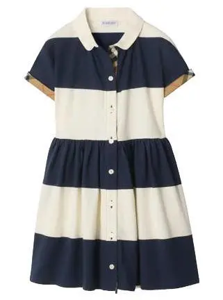 Burberry Check Trim Striped Shirt Dress - Navy/optic White