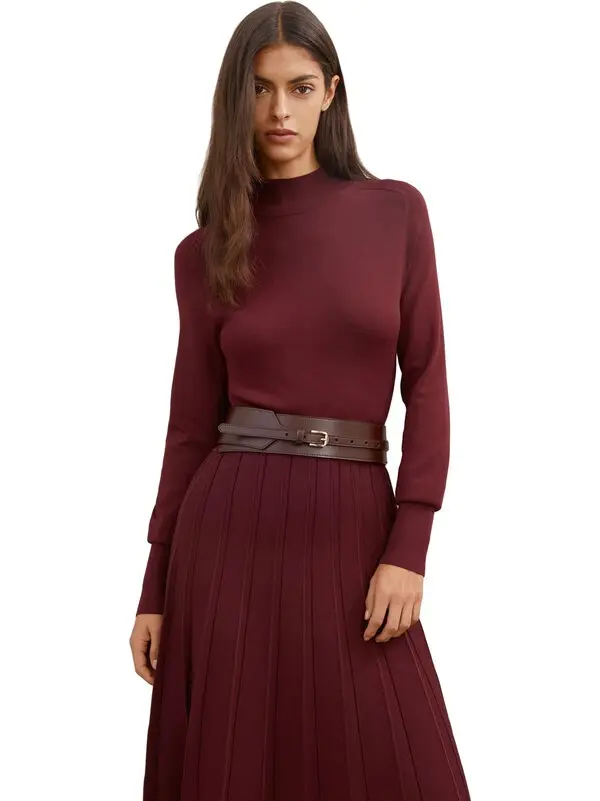 REISS Alicia Belted Knit Pleated Midi Dress - Raspberry Red